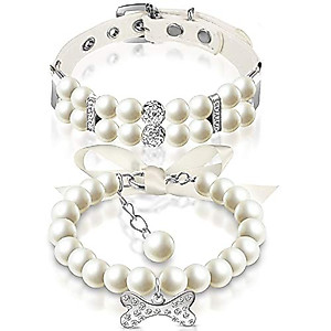 Hicarer 2 Pieces Small Dog Cat Pearl Collars and PET Pearl Necklace Set Cute Fashion PET Pu Leather Collars Necklace with Crystal Rhinestone for Dogs Cats Puppy Kitten Wedding Birthday Party (S)
