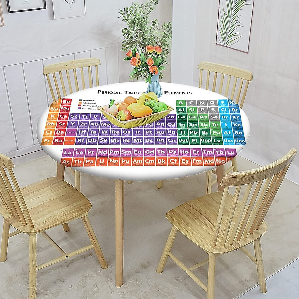 School Round Fitted Tablecloth Cover,Periodic Table of Elements Design Elastic Edged Polyester Fitted Table Cover, xxLarge, Fit Round Tables up 65"-71" Diameter, for Reception Restaurant Banquet Party
