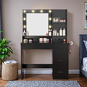 Furmax Vanity Desk with LED Lighted Mirror&Power Outlet, 39.3’’ Makeup Vanity Table with 4 Drawers and 3 Storage Shelves, Adjustable 3 Lighting Colorfor Bedroom&Dressing Room (Black)