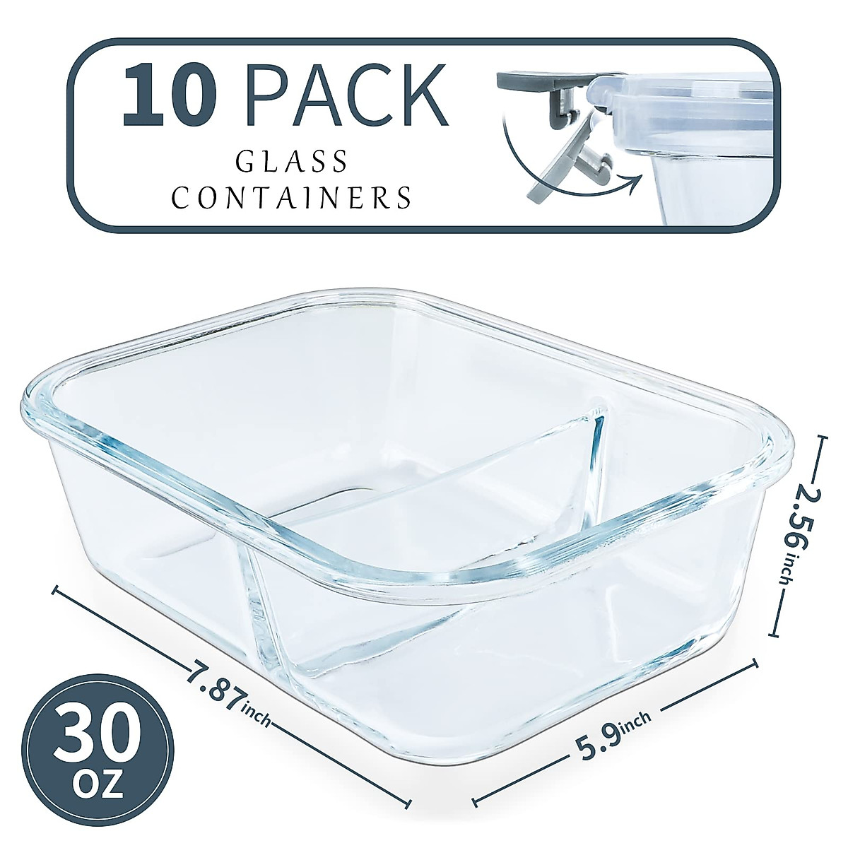 KOMUEE 30 Pieces Glass Food Storage Containers Set and 10 Packs 30 oz Glass Meal Prep Containers 2 Comparment, Airtight and BPA-Free