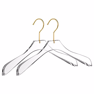 Quality Clear Acrylic Clothing Hangers – 2 Pack, Curved Stylish Clothes Hanger with Gold Hooks - Coat Hanger for Dress, Suit - Closet Organizer Adult Hangers - Heavy Duty Cloth Hangers (Gold Hook, 2)
