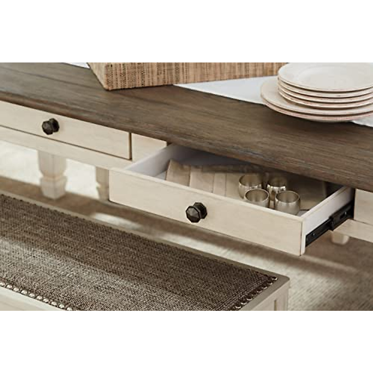 Signature Design by Ashley Bolanburg Farmhouse Dining Table with Drawers, Seats up to 6, Whitewash