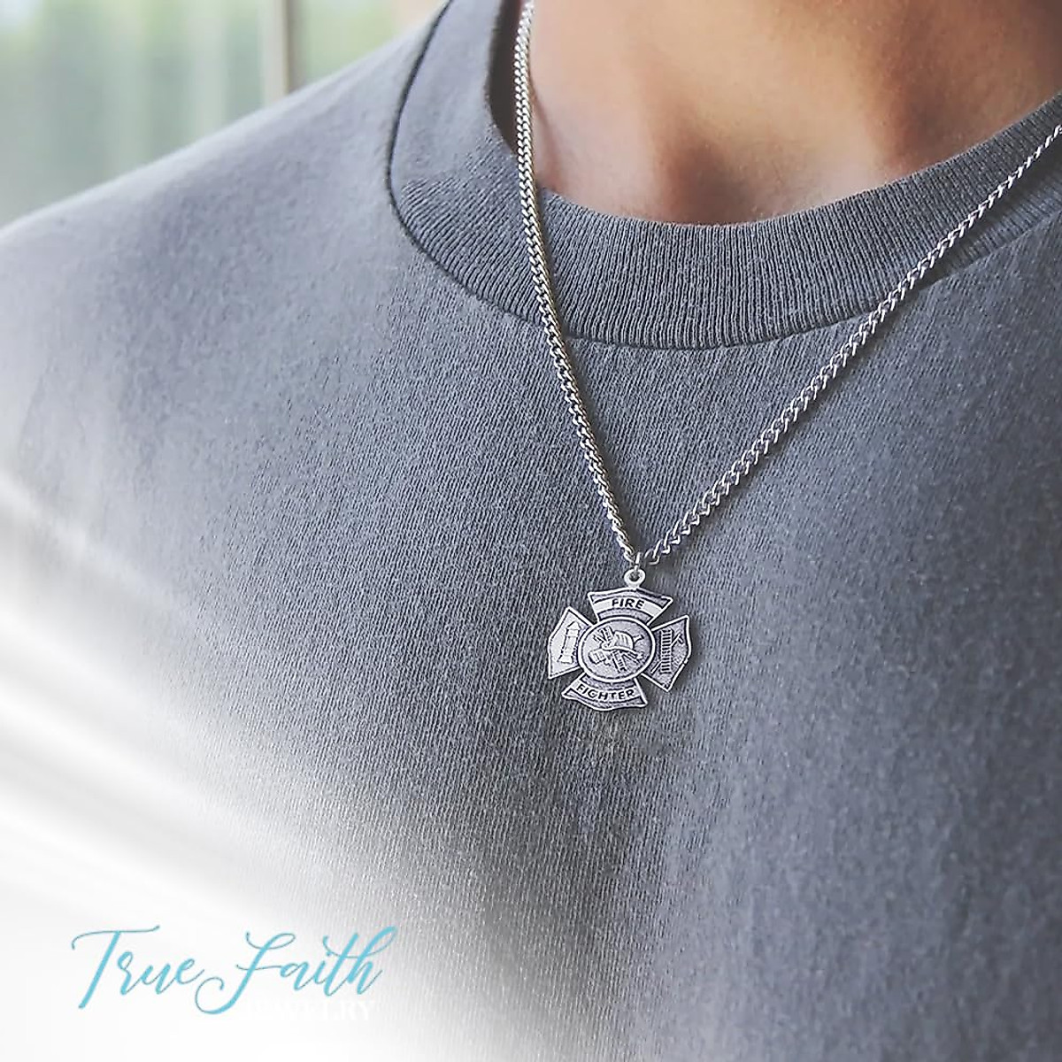TrueFaithJewelry Sterling Silver St Florian Fire Fighter Shield Medal Patron Saint Pendant Necklace, 1 Inch