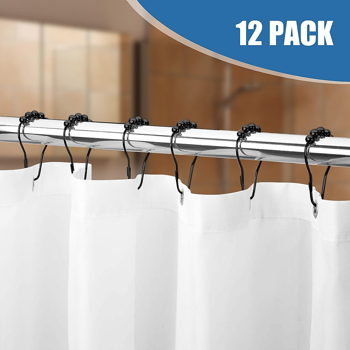 Shower Curtain Rings,Shower Curtain Hooks,Rust Proof Secure Lock Ring Clips for Hanging Bathroom Curtain (Black Pear-Shape)