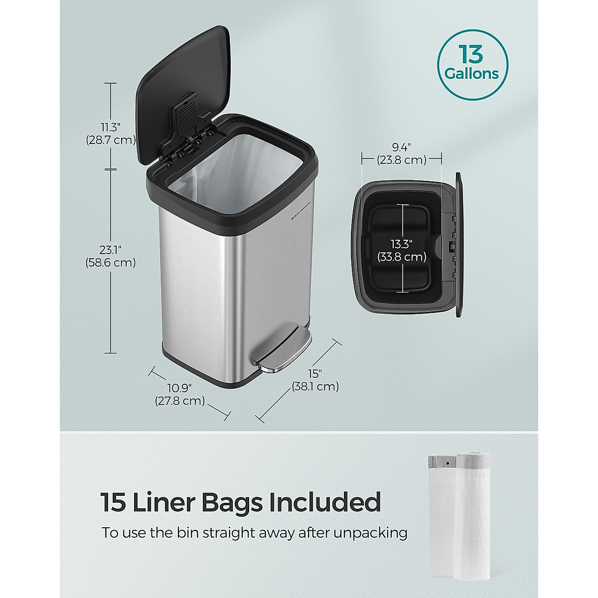 SONGMICS Kitchen Trash Can, 13-Gallon Stainless Steel Garbage Can, with Stay-Open Lid and Step-on Pedal, Soft Closure, Tall, Large and Space-Saving, Silver and Black ULTB530E50
