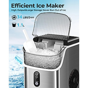 Havato Nugget Ice Maker Countertop with Soft Chewable Pellet Ice,Pebble Portable Ice Machine with Ice Scoop, 34lb in 24Hrs, One-Click Operation, Self-Cleaning, Stainless