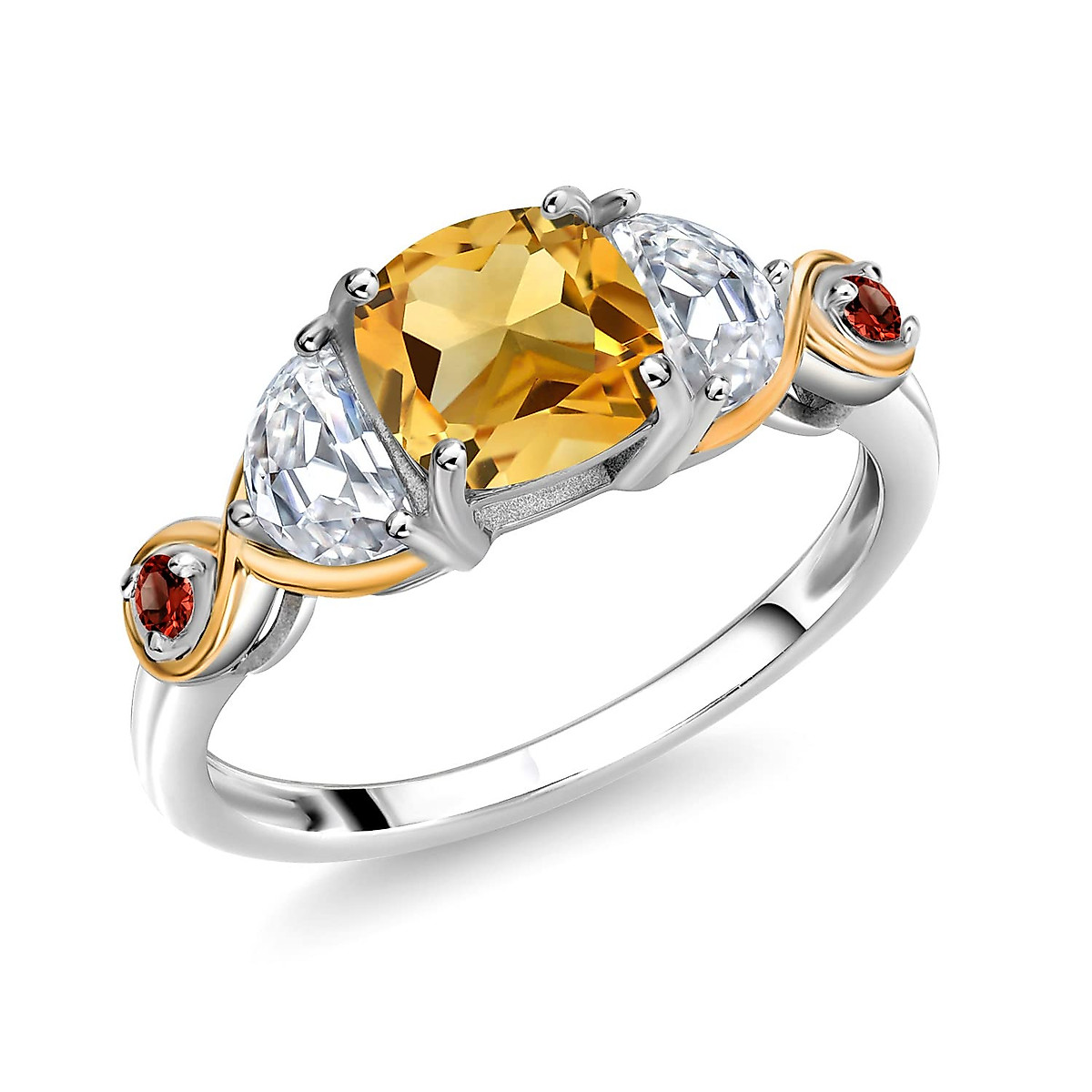Gem Stone King 925 Silver and 10K Yellow Gold Cushion Citrine and Half Moon Moissanite 3-Stone Engagement Ring For Women (1.62 Cttw, Gemstone Birthstone, Available In Size 5, 6, 7, 8, 9)