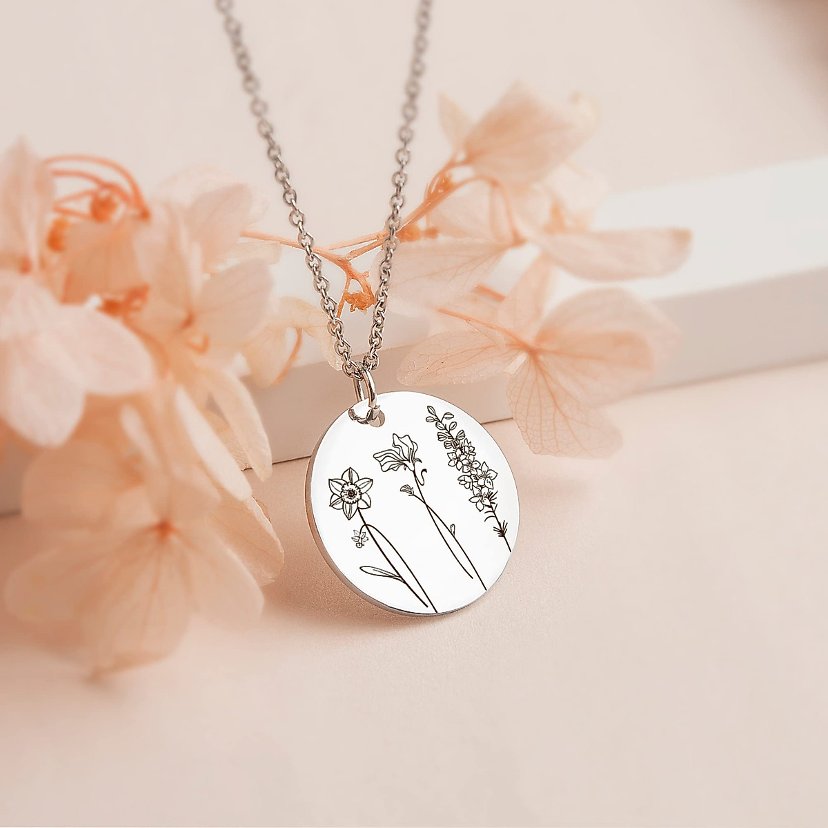 Anavia Multiple Birth Month Flowers Necklace Connection of Family and Friends, Personalized Floral Necklace, Customized Birthday Jewelry Gift for New Mom Sister Long Distance Couple Babyshower (Silver)