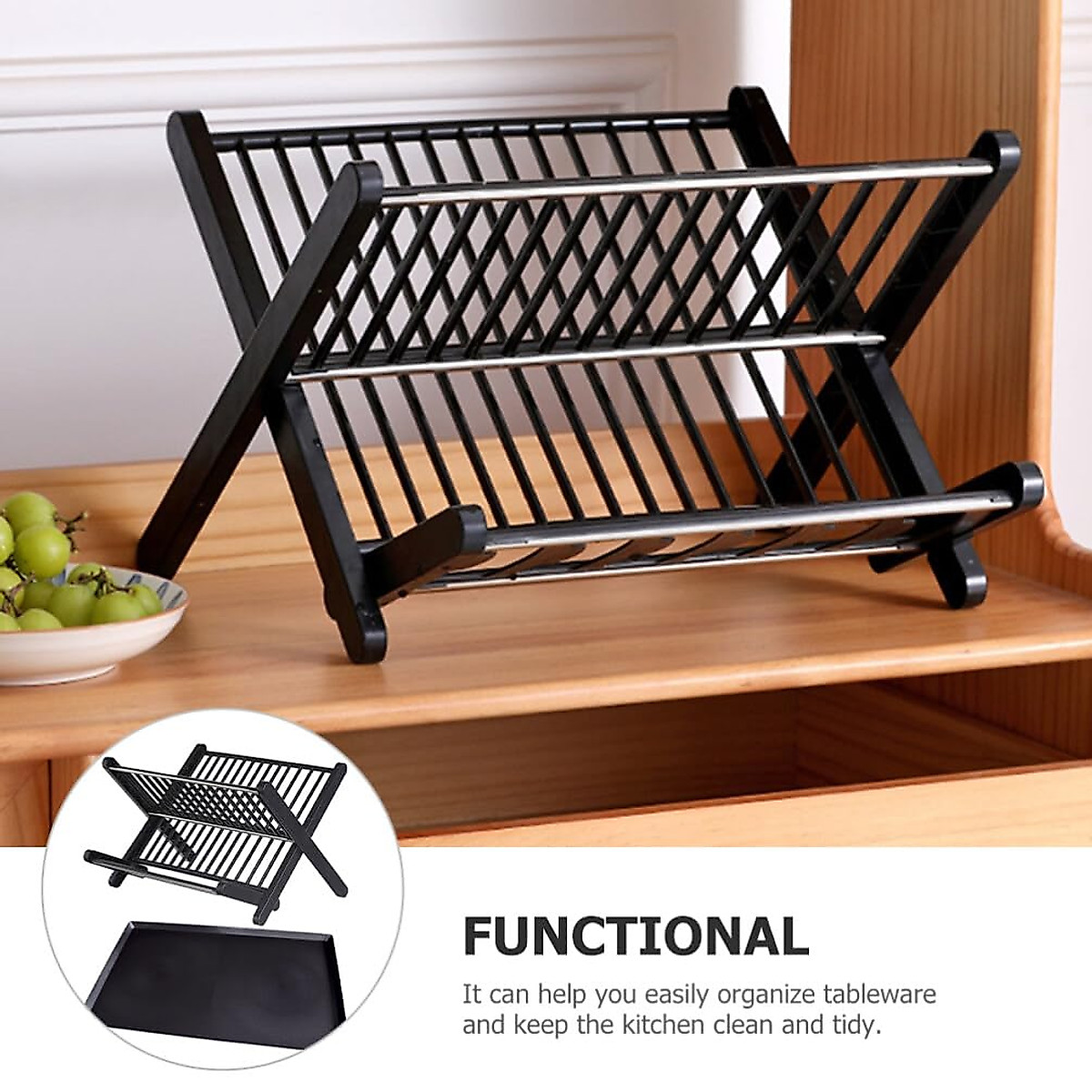 DOITOOL Stainless Steel Dish Drying Rack for Kitchen Counter: 2-Tier Dish Drainer Kitchen Plate Rack with Drainboard - Foldable and Compact for Space-Saving Storage, Black