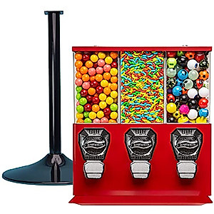 Vending Machine - Commercial Gumball and Candy Machine with Stand - Red Triple Vending Machine with Interchangeable Canisters - Coin Operated Candy Dispenser and Gumball Machine - Vending Dispenser