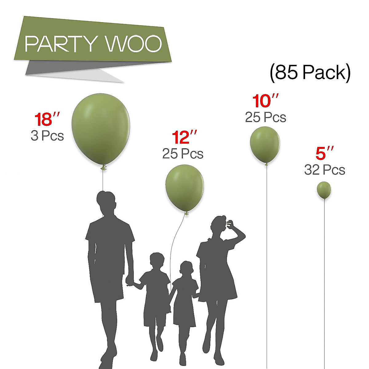 PartyWoo Sage Green Balloons, 85 pcs Boho Green Balloons Different Sizes Pack of 18 Inch 12 Inch 10 Inch 5 Inch Matte Green Balloons for Balloon Garland or Balloon Arch as Party Decorations, Green-F11