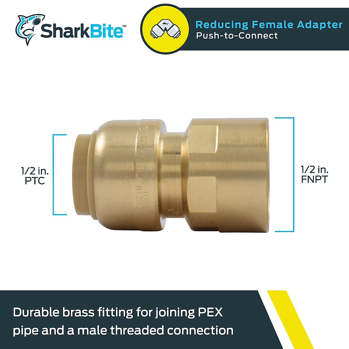 SharkBite 1/2 x 1/2 Inch FNPT Adapter, Push To Connect Brass Plumbing Fitting, PEX Pipe, Copper, CPVC, PE-RT, HDPE, U072LFA