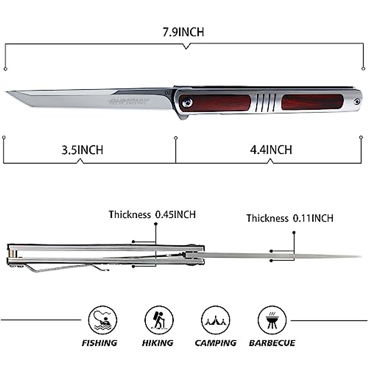 ohmonlyhoo Pocket Knife for Men, 3.5 inch Folding Knife with Pocket Clip,Rosewood Handle Tanto Knife, Great Gift For Men and Women