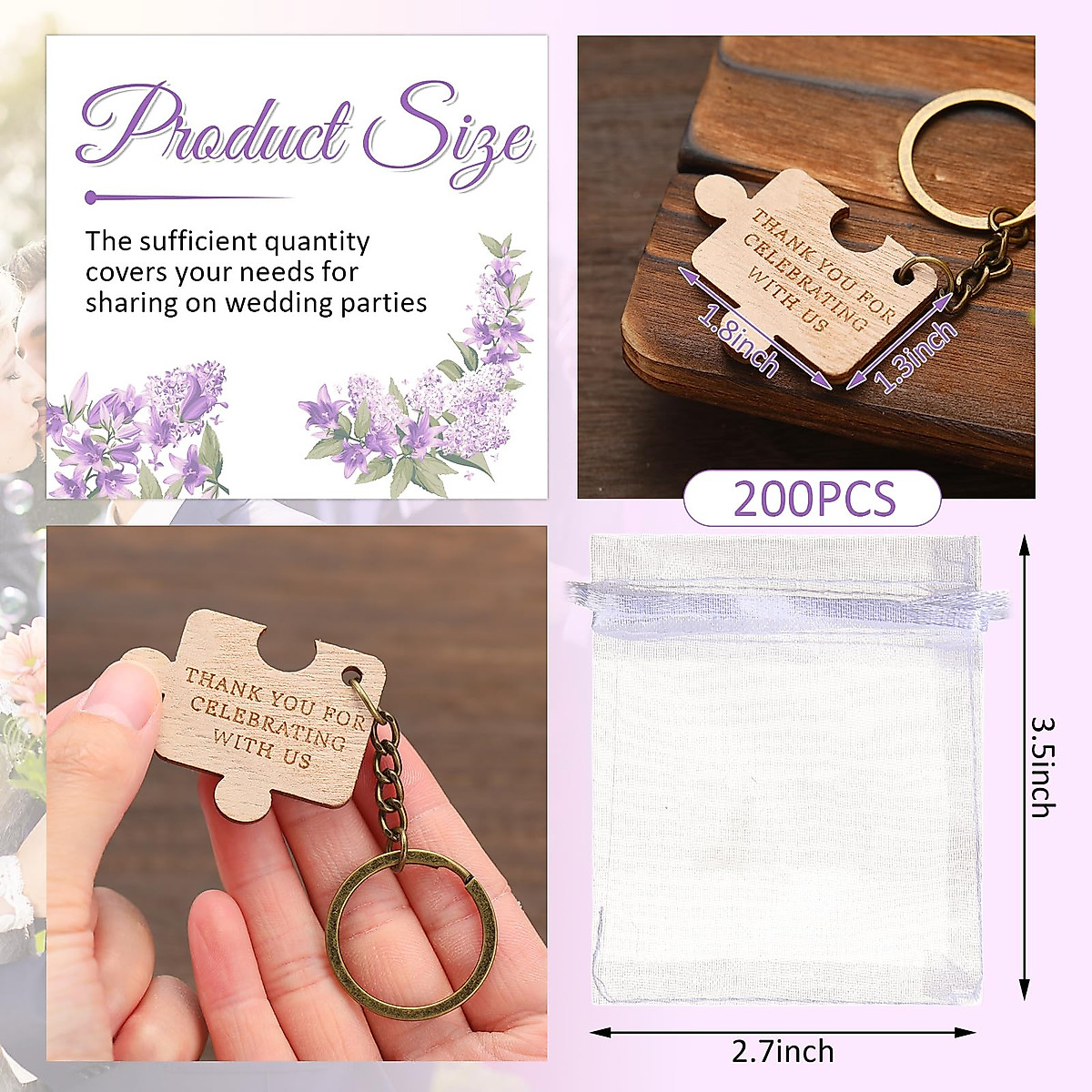 Huquary Wedding Favors Bulk for Guest Wood Puzzle Keychain Thank You for Celebrating with Us Keyring Gifts with Organza Bags for Bridal Shower Engagement Bachelorette Party Supply (200)