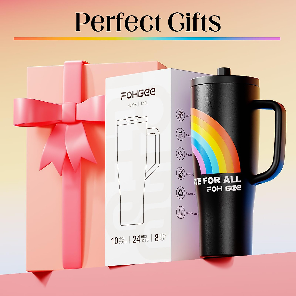 FOHGEE 40oz Tumbler with Handle and Straw Lid【Magnetic lid + Removable built-in straw】100% Leak-proof Travel Coffee Mug, Stainless Steel Insulated Cup, Keeps Cold for 24Hrs (ChillWave Black Velvet)