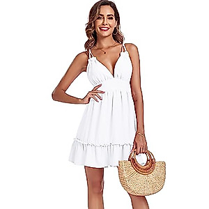 ZAFUL Womens V Neck Sexy Backless Dress Criss Cross Adjustable Spaghetti Strap Short Dress White M