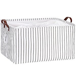 Hinwo 70L Extra Large Capacity Storage Basket Canvas Storage Bin Collapsible Storage Box with PU Leather Handles and Drawstring Closure, 22 by 15 inches, Waterproof Inner Layer, Grey Vertical Stripe