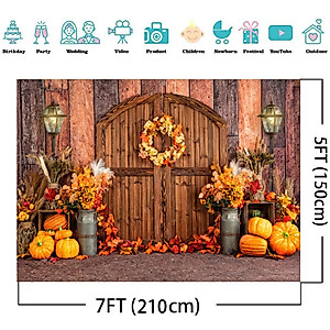 Alltten 7x5ft Fall Thanksgiving Photography Backdrop Autumn Pumpkin Backdrops for Photography Wood Barn Door Backgrounds Thanksgiving Party Supplies Decor Banner F91