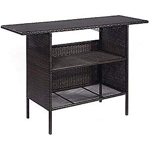 SPSUPE Outdoor Patio Rattan Bar Table, Wicker Bar Counter Table with 2 Steel Shelves and 2 Sets of Rails, 55.1"X 18.5"X 36.2" (L x W x H), Ideal for Garden, Backyard and Pool Side, Brown