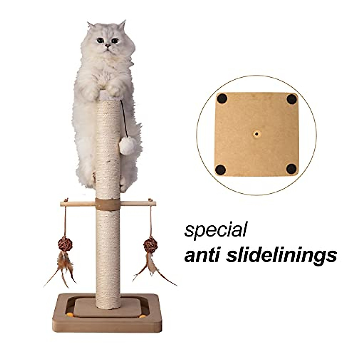 PEEKAB Cat Scratching Post Premium Sisal Toll Scratch Posts with Tracking Interactive Toys Vertical Scratcher for Indoor Cats and Kittens- 25 inches Beige