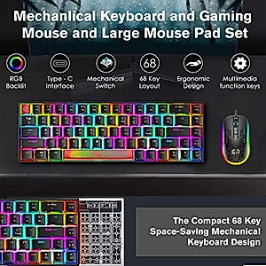 60% Gaming Keyboard and Mouse Combo,Personalized Keycap,RGB Backlit,Full NKRO,TKL Ergonomic Mechanical Keyboard+Rainbow Led Honeycomb Mice with 2400DPI Optical Sensor for PC/Mac (White-Blue Switch)