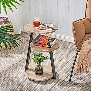 BEWISHOME Round End Table Side with Metal Frame, Accent Nightstand Bedside 3-Tier Shelves, Small for Living Room Bedroom Couch Coffee Greige KTZ41G