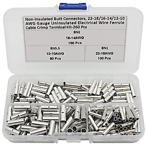 Zovfam 260 Pcs Non Insulated Butt Connectors 22-18/16-14/12-10 AWG Gauge Uninsulated Electrical Wire Ferrules Cable Crimp Terminal Kit for Electrical Splice DIY