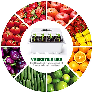 Delxo 10-Pack Seed Starter Kit Seedling Starter Tray (12 Cells per Tray) Humidity Adjustable Plant Germination Kit Garden Seed Starting Tray with Dome and White Base Plus Plant Tags Hand Tool Kit