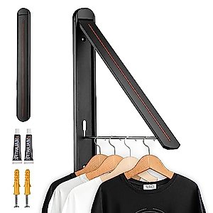 SunEegral Quality Clothes Drying Rack Wall Mounted,Laundry Room Folding Organization Storage,Foldable Hanging Drying Rod Ultrathin Small Collapsible for Space Saving,65Ibs Capacity,Aluminum(Black)