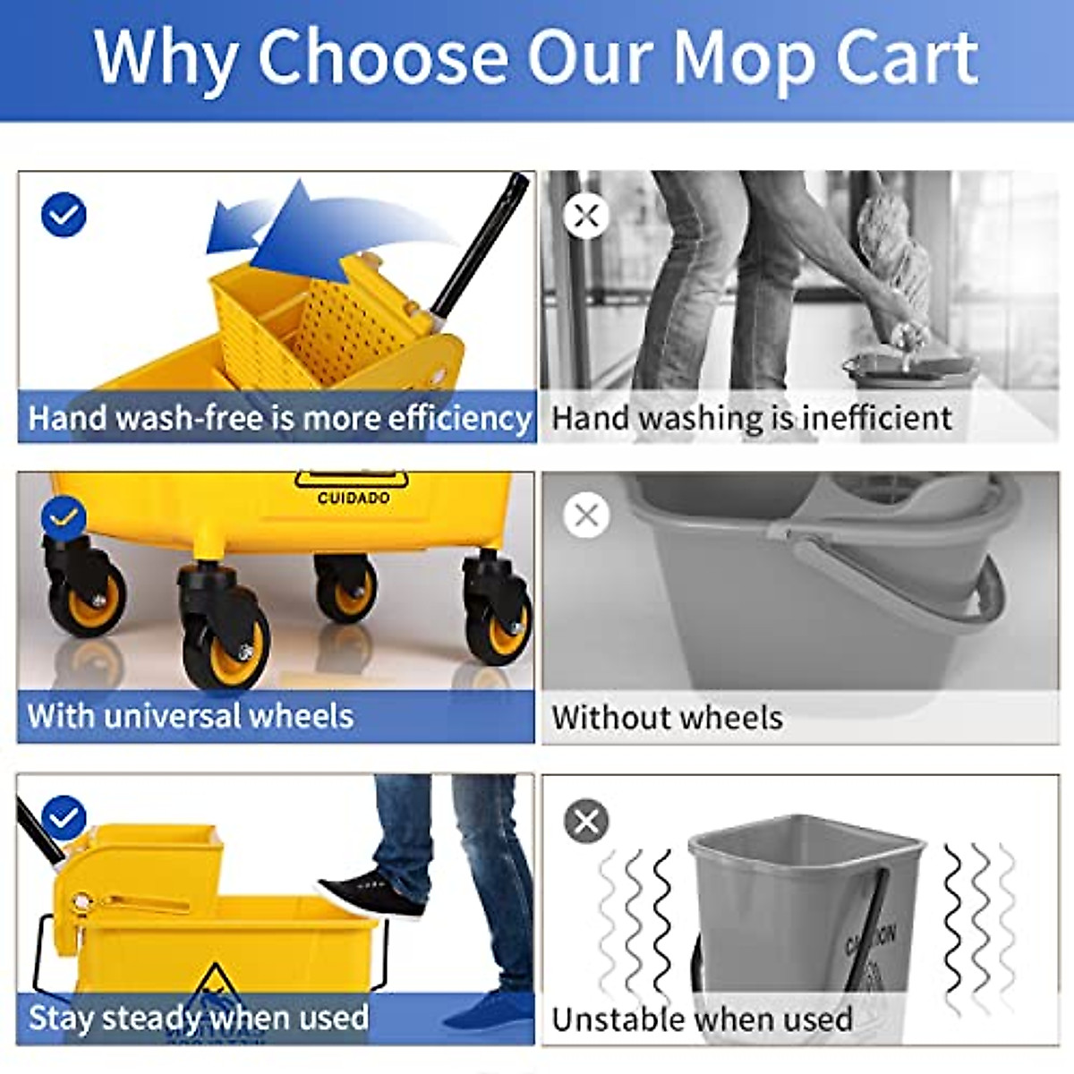 Mop Bucket with Wringer on Wheels, Commercial Mop and Bucket with Wringer Set, Mop Bucket Separate Dirty Water Perfect for School, Offices, Resturants, Restrooms, Yellow( 22 Quarts)