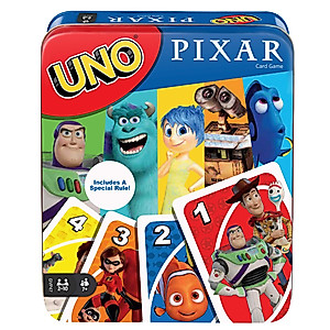 Mattel Games UNO Pixar Card Game for Family Night, Travel Game for Kids with Storage Tin & Special Rule for 2-10 Players