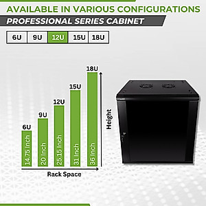NavePoint 12U Server Rack Enclosure - 17.7” Deep, 12U Wall Mount Network Cabinet with Locking Glass Door for 19” IT Equipment, 12U Network Rack with 2 Fans, Removable Side Panels, Black