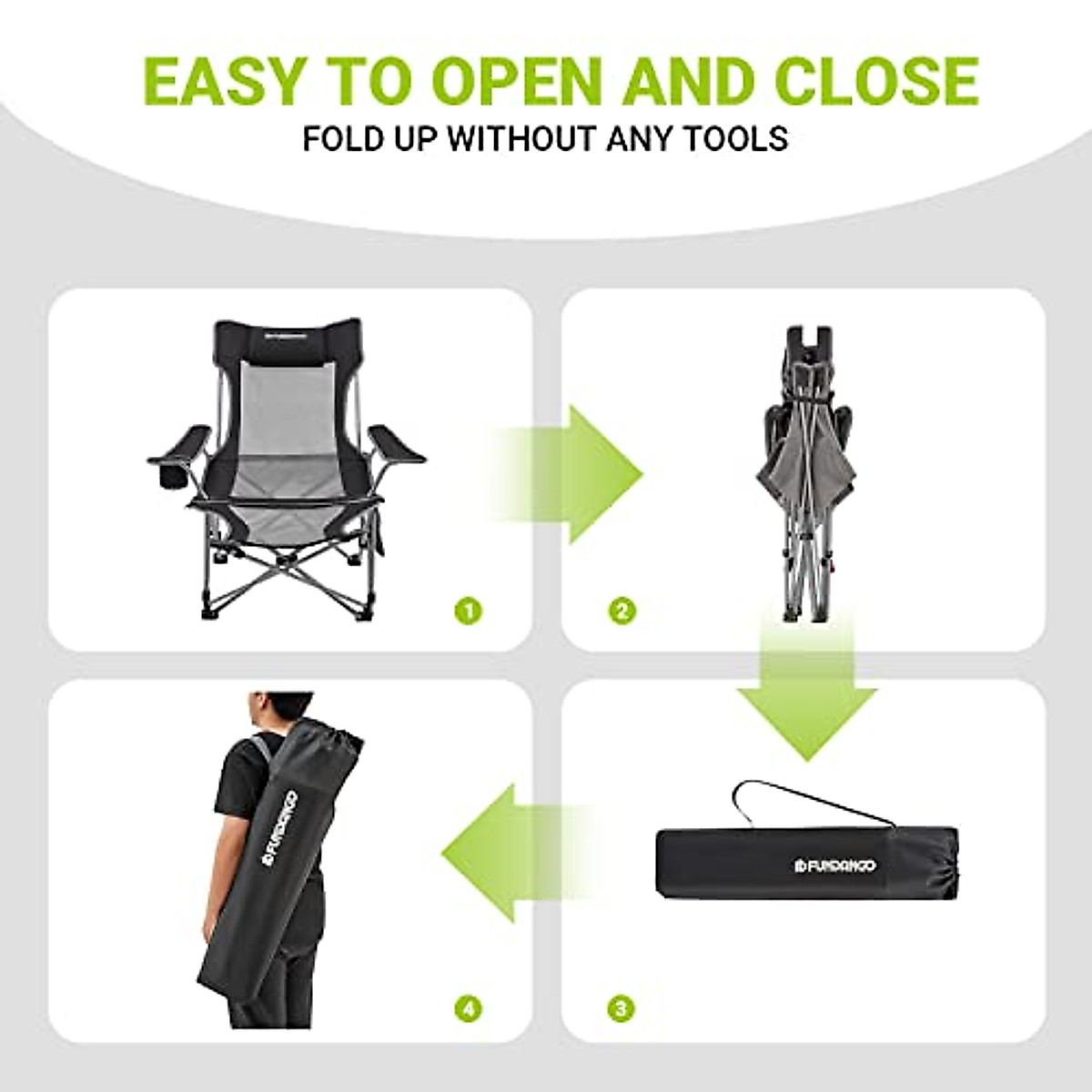 FUNDANGO Reclining Camping Chair 3-Position Adjustable Folding Lounge Chairs with Footrest for Adult Support Up to 300lbs, Suit for Lawn,Office,Backyard,Camping,Concert,Garden(Black/MediumGrey)