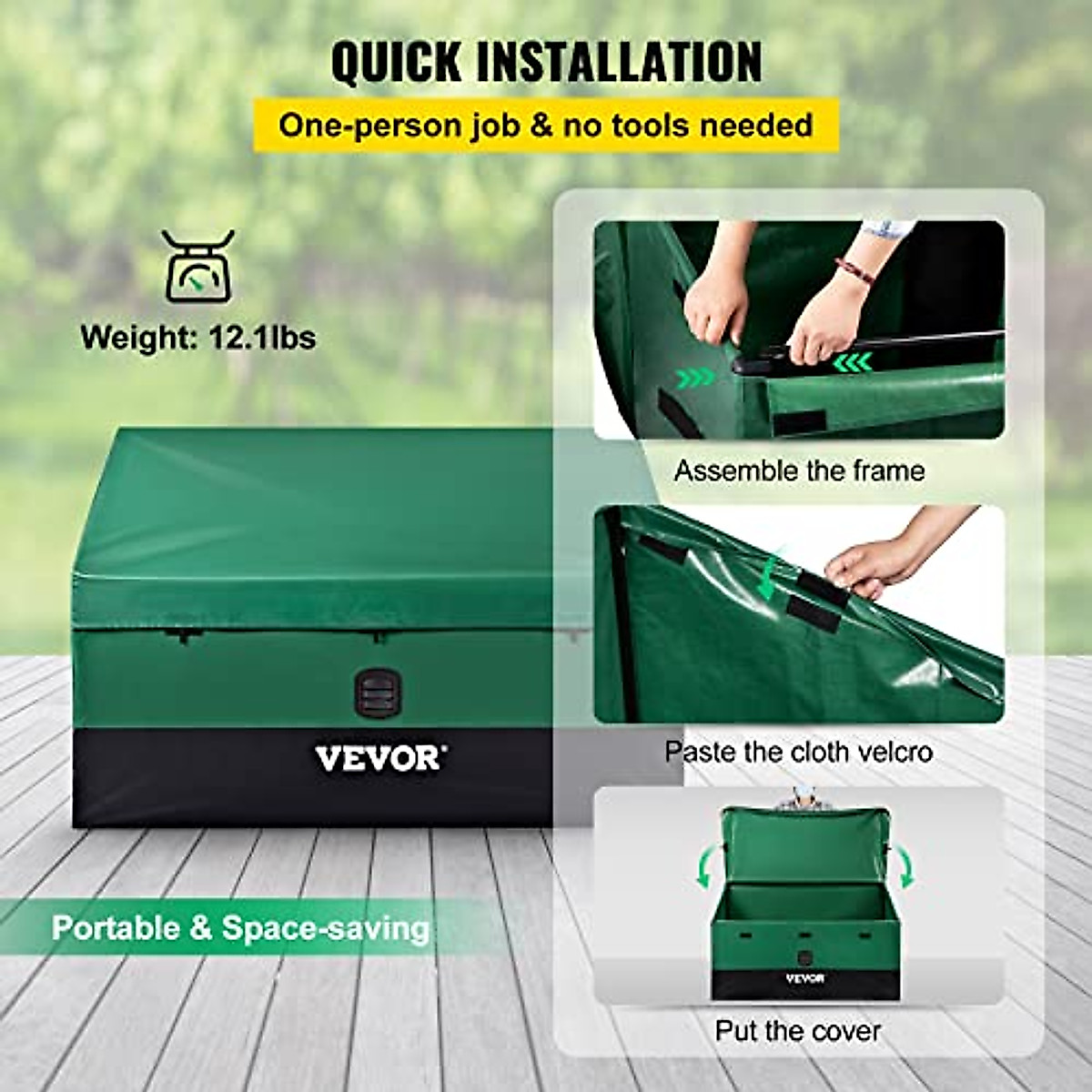 VEVOR Outdoor Storage Box, 100 Gallon Waterproof PE Tarpaulin Deck Box w/Galvanized Frame, All-Weather Protection & Portable, for Camping, Garden, Poolside, and Yard, Black & Green