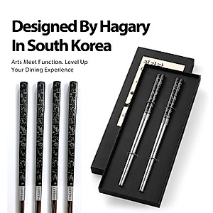 Hagary Mountain Black Chopsticks Metal Chopsticks Reusable Designed In Korea Japanese Style Stainless Steel 316 18/10 Non-Slip Dishwasher Safe (Black - 2 Pairs)