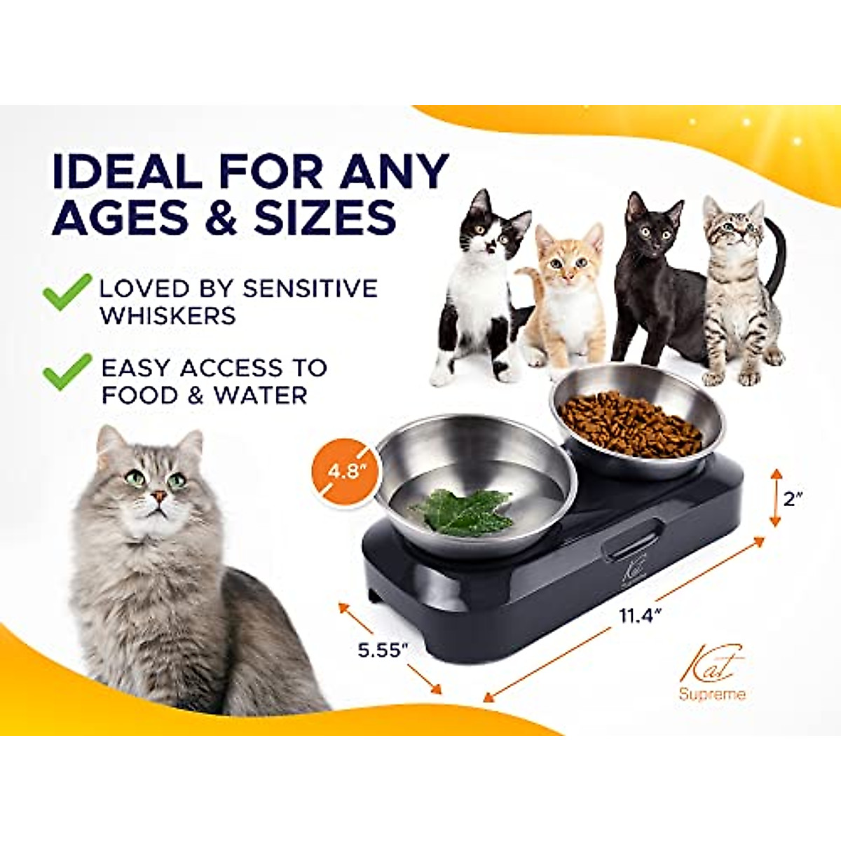 KatSupreme Tilted Cat Food Bowls - Raised Cat Food Bowls, Anti Vomiting Cat Bowl Set, Stainless Steel Cat Bowls with Stand, Orthopedic Cat Bowl, Elevated Cat Bowls Set