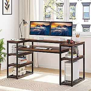 Tribesigns 63 Inches Computer Desk with Open Storage Shelves, Large Office Desk with Monitor Shelf & CPU Stand, Study Writing Table Workstation with Printer Stand for Home Office(Brown)