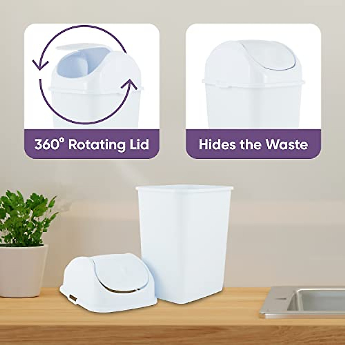 Superio Mini Plastic Trash Can with Swing Top Lid 1.25 Gallon Compact Small Waste Bin Portable Garbage Can for Countertop, Desktop, Make up Vanity, Bathroom, Car, Under Sink, Dorm, 5 Quart (White, 3)