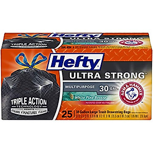 Hefty Ultra Strong Multipurpose Large Trash Bags, Black, White Pine Breeze Scent, 30 Gallon, 25 Count