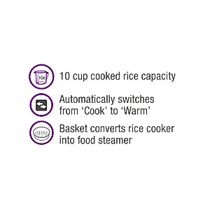 Salton 10 Cup Drum Style Automatic Rice Cooker with Food Steaming Basket, Measuring Cup & Spatula, Removable Non-Stick Cooking Bowl (RC2088)