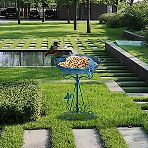 DREAMSOUL 12 inch Bird Bath with Stand, Blue Bird Baths for Outdoors, Metal Birdbath with Folding Bracket for Patio Lawn Garden Decor