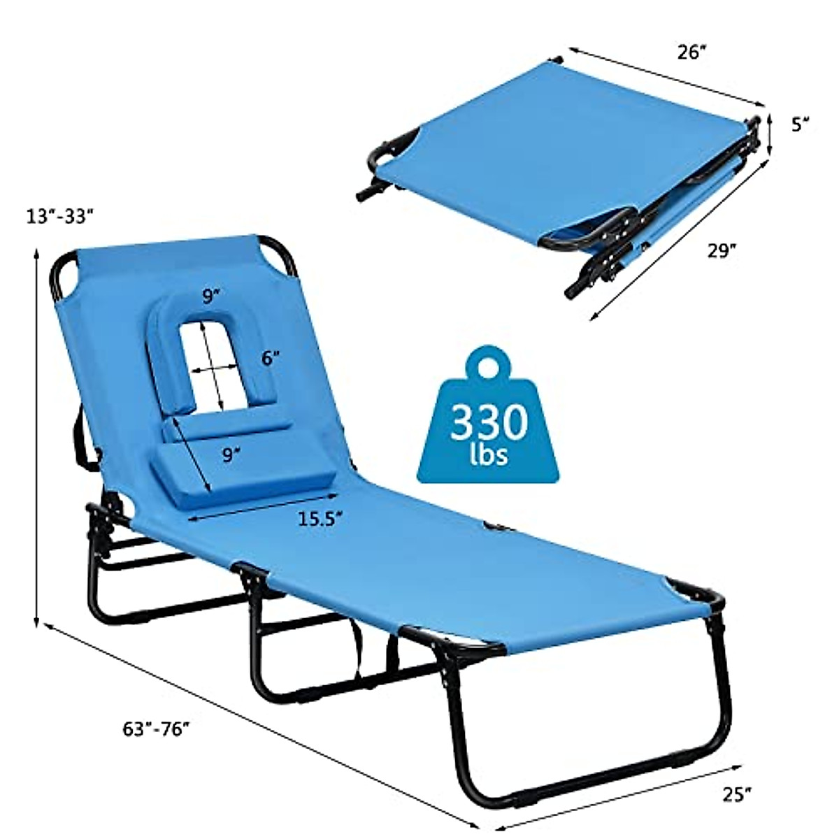 Tangkula Folding Chaise Lounge Chair with Hole for Face, Outdoor 5-Position Adjustable Reclining Beach Sunbathing Chair, Portable Face Down Tanning Chair for Patio Backyard Poolside Beach (1, Blue)