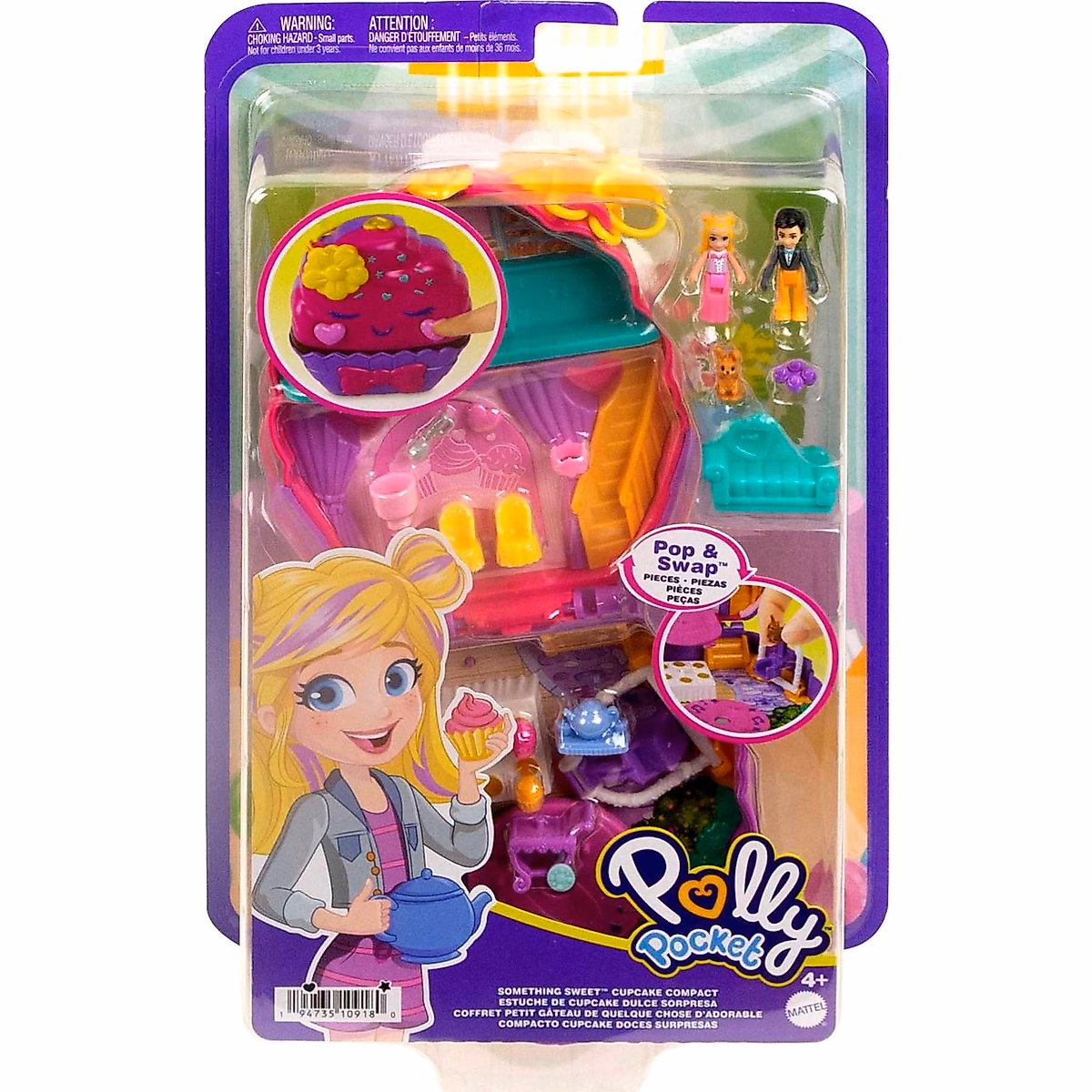 Polly Pocket Compact Playset, Something Sweet Cupcake with 2 Micro Dolls & Accessories, Travel Toys with Surprises
