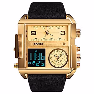 SKMEI Men's Digital Sports Watch, LED Square Large Face Analog Quartz Wrist Watch with Multi-Time Zone Waterproof Stopwatch
