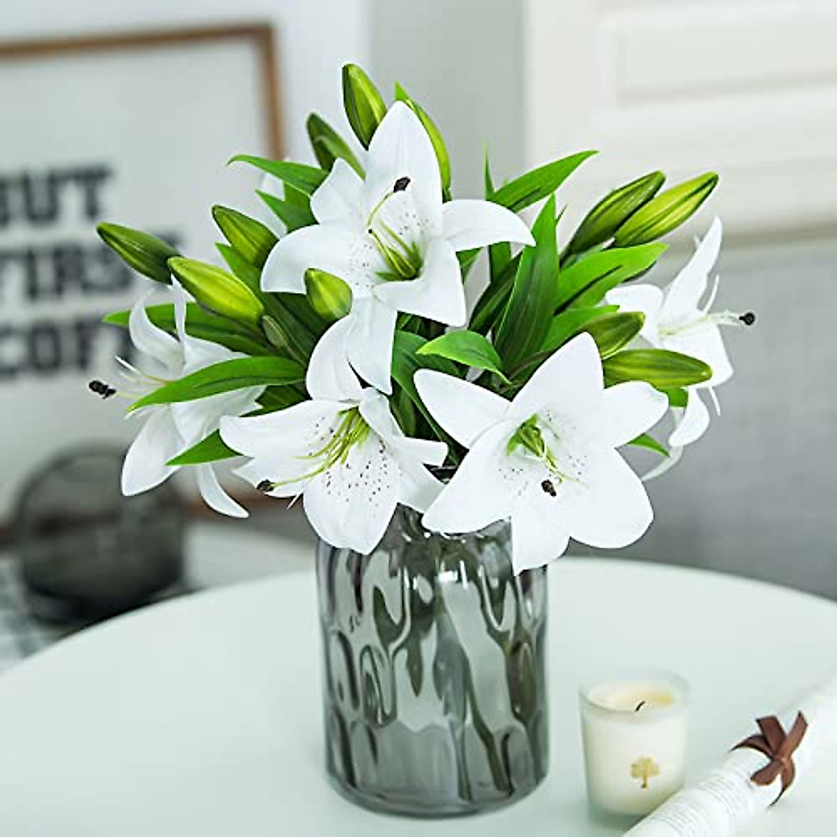 Hananona 8 Pcs Artificial Tiger Lily Real Touch Lily Easter Lily Fake Flowers for Wedding Home Party Easter Decoration Plastic Lily Faux Flowers (White, 8)