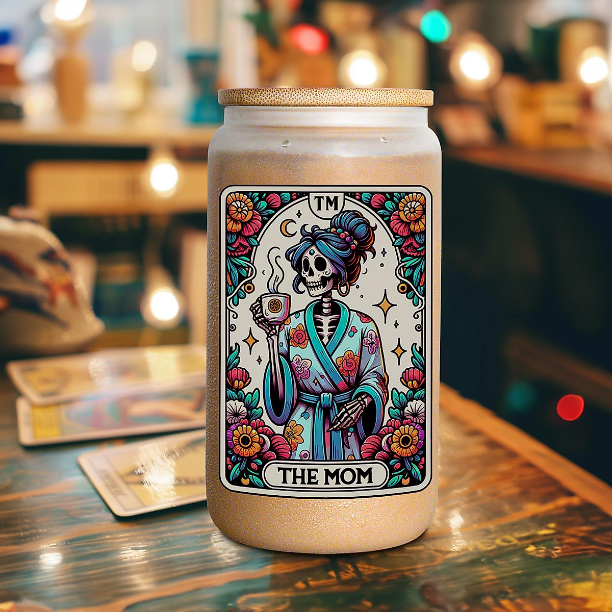 Fairy's Gift Skeleton Mom Iced Coffee Cups, Cute 16 oz Frosted Glass Cup with Lid and Straw, the Mom Tarot Card Christmas Aesthetic Skull Cups, Witchy Mama Gifts, Birthday Gifts for Mom Women