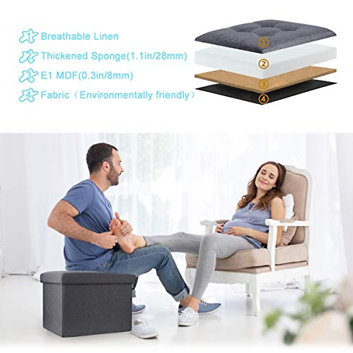 ALASDO Storage Ottoman Folding Rectangle Cube Coffee Table Multipurpose Foot Rest Short Children Sofa Stool Linen Fabric Ottomans Bench Foot Rest for Bedroom L17W13H13(Grey)