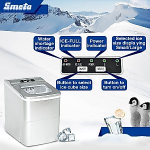 SMETA Bullet Pebble Ice Maker Machine Countertop, Chewable Nugget Ice Chip Maker Crushed Ice Machine Soft Chewy Ice Cubes Quick in 6-10mins, 26lbs/24H with Ice Scoop for Gift, Stainless Steel Silver