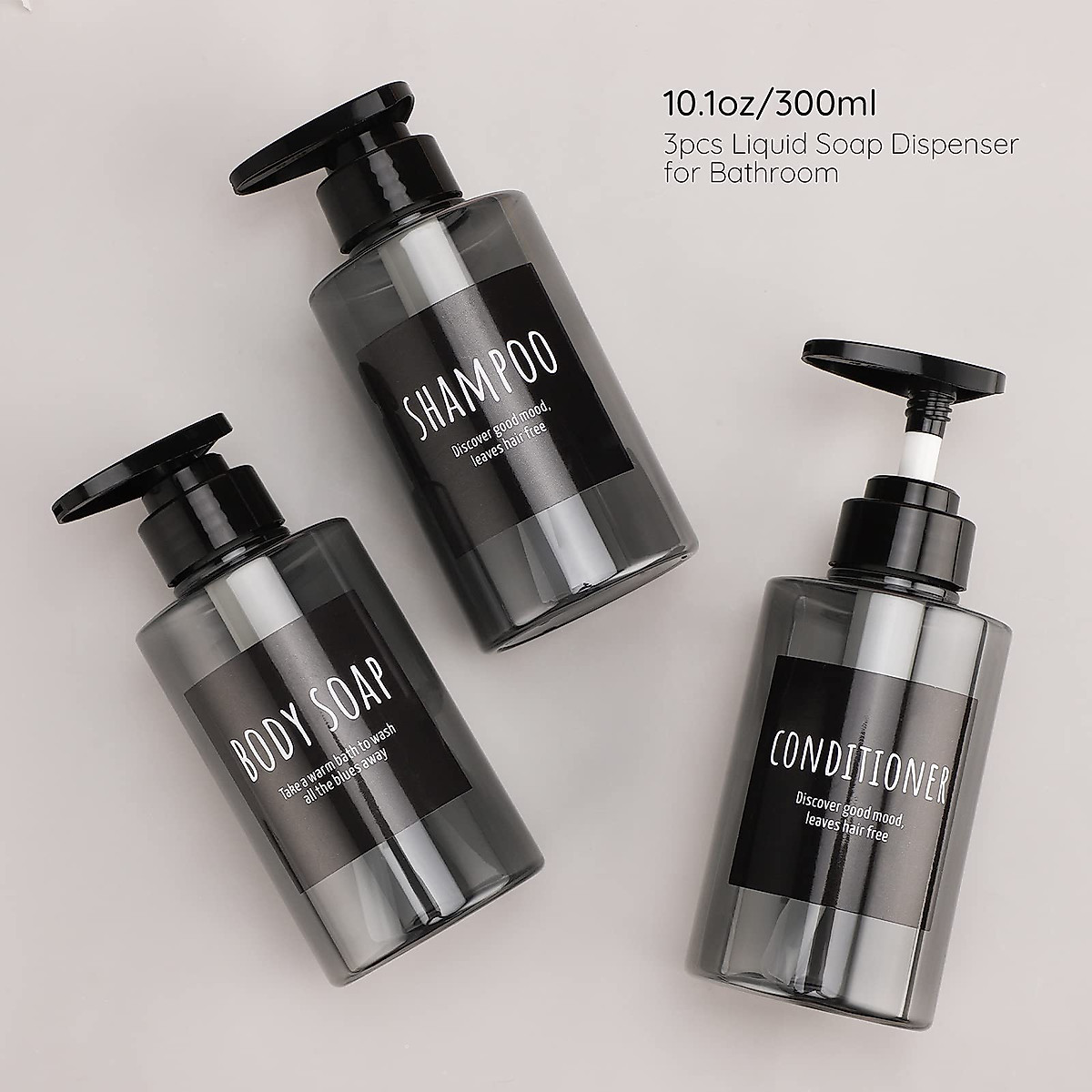 Empty Shampoo Bottles, Segbeauty 10.1oz Plastic Pump Dispenser Bottle, 3pcs 300ml Refillable Shampoo Pump Bottles for Shower, Grey Pump Bottles for Body Soap Shampoo Hair Conditioner Hotel Bathroom