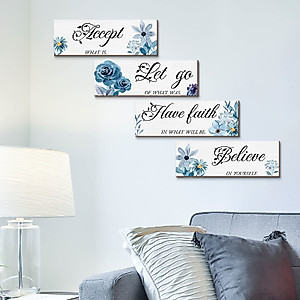 Joyhawk 4 Pieces Blue Flower Wall Decor For Bedroom, Accept-Let go-Have faith-Believe Wooden Inspirational Wall Art Decorations for Living Room Bathroom,Rustic Wooden Farmhouse Home Decor, 12 x 4 Inch